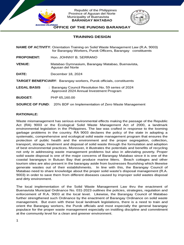 Solid Waste Training for Barangay | PDF | Waste Management | Waste