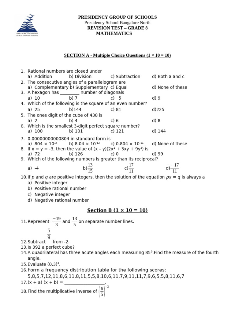Grade 8 Math Revision Test | PDF | Numbers | Rational Number