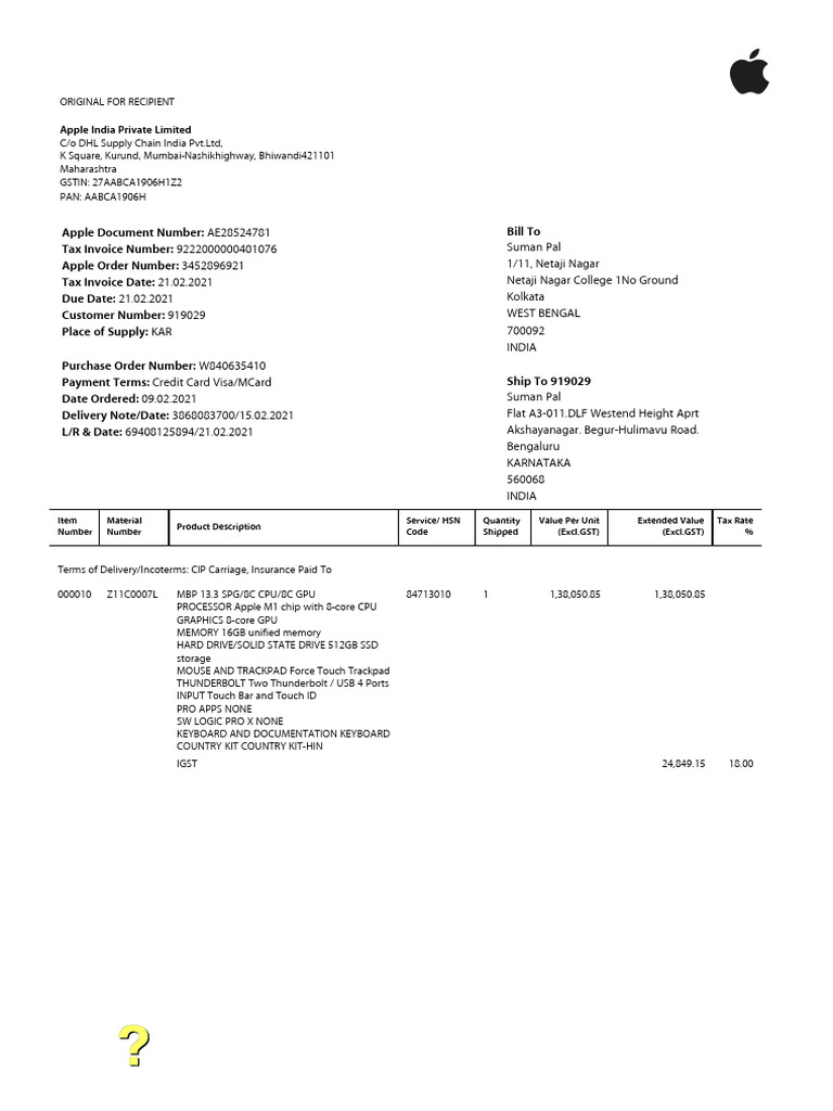 Original Invoice M1 Macbook Pro | PDF | Computing | Apple Inc.