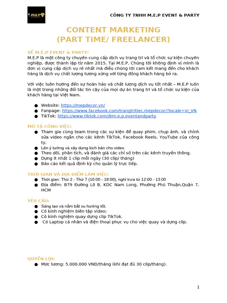 M.E.P - JD Content MKT (Parttime - Freelancer) | PDF