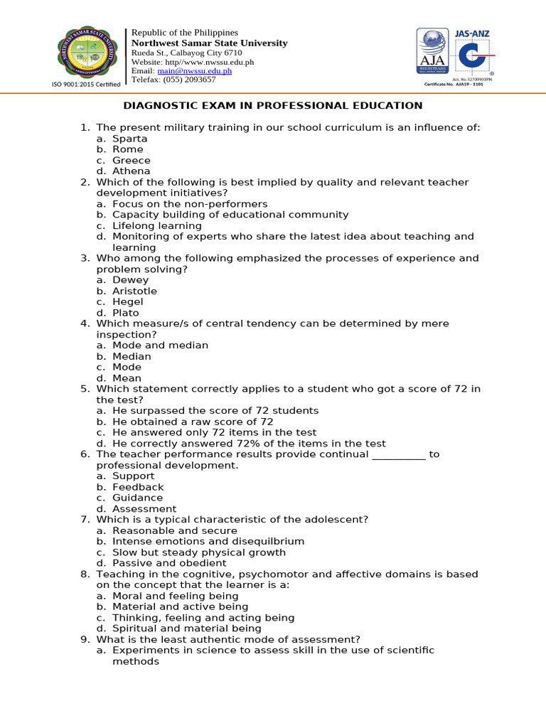 Diagnostic Exam for Professional Education | PDF | Curriculum | Learning
