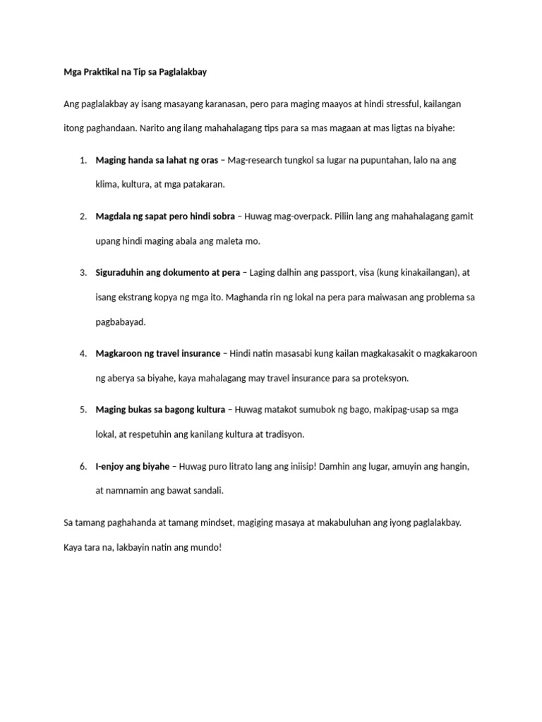 Mga Praktikal Na Tip Sa Paglalakbay | PDF