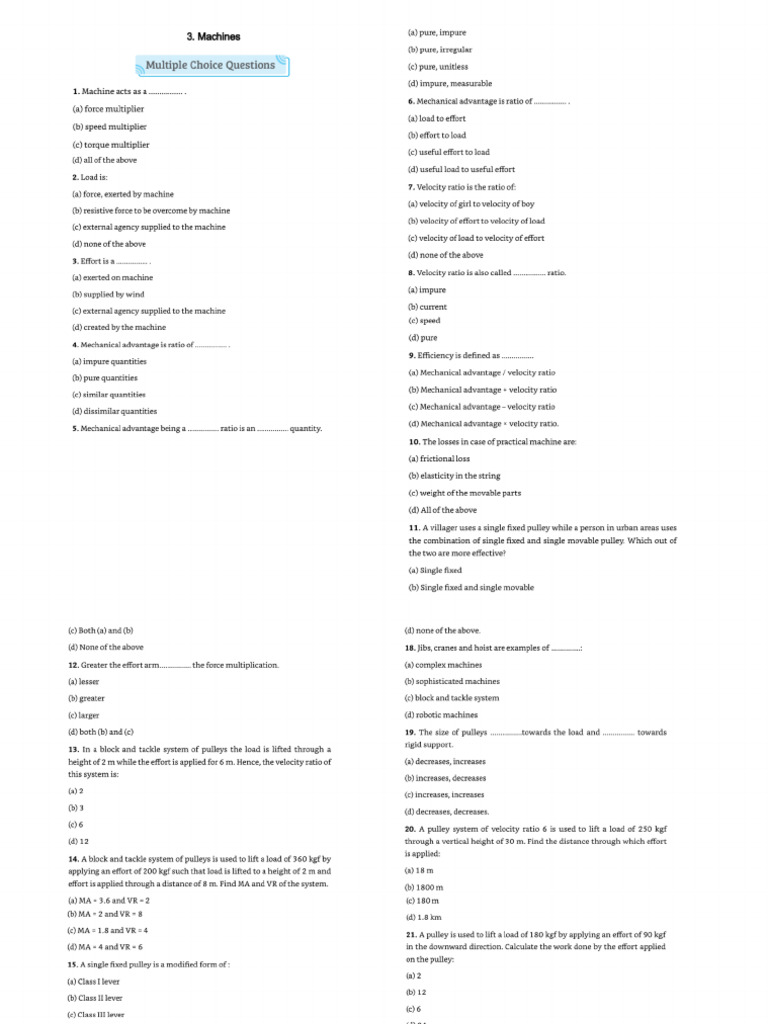 10th ICSE - Machines - Numerical Qs | PDF