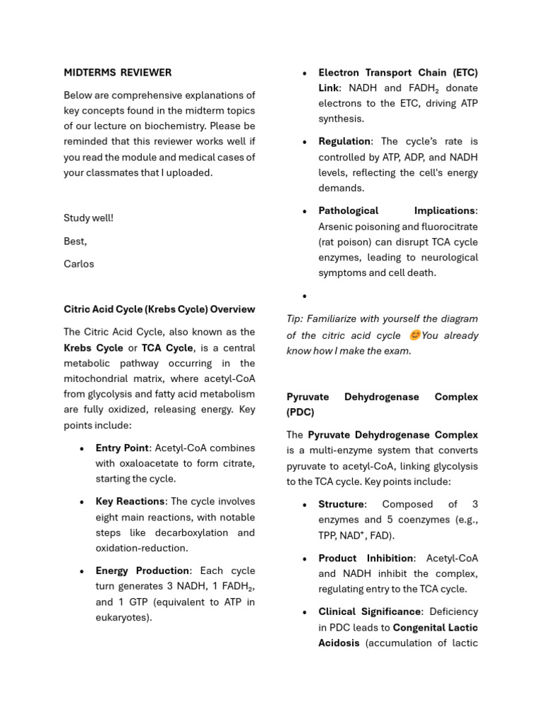 Biochem Midterms Reviewer | PDF | Citric Acid Cycle | Chemistry