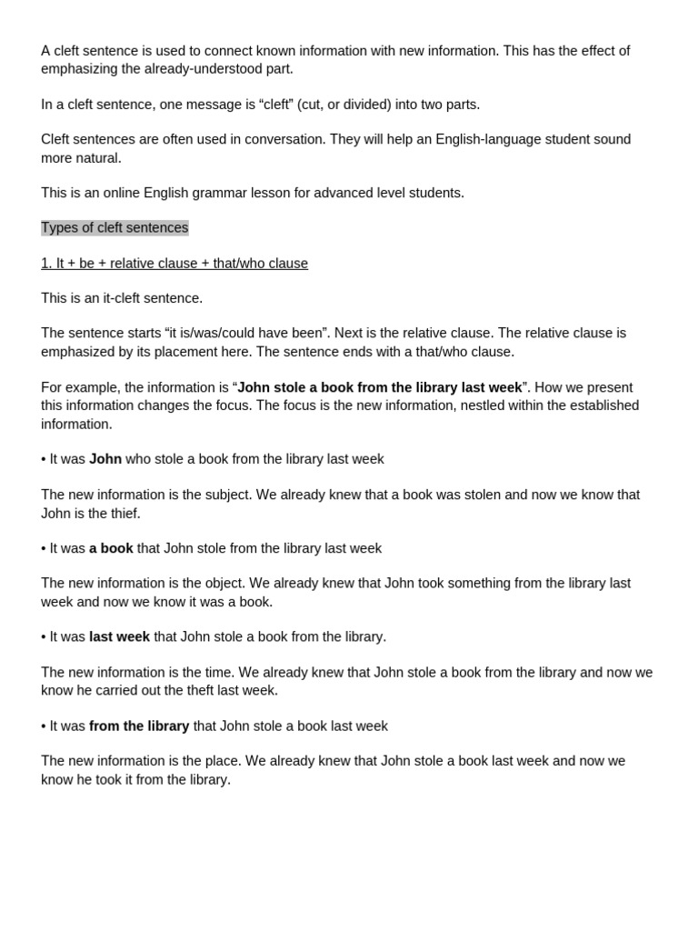 Level 14. Cleft Sentences Grammar | PDF | Sentence (Linguistics ...