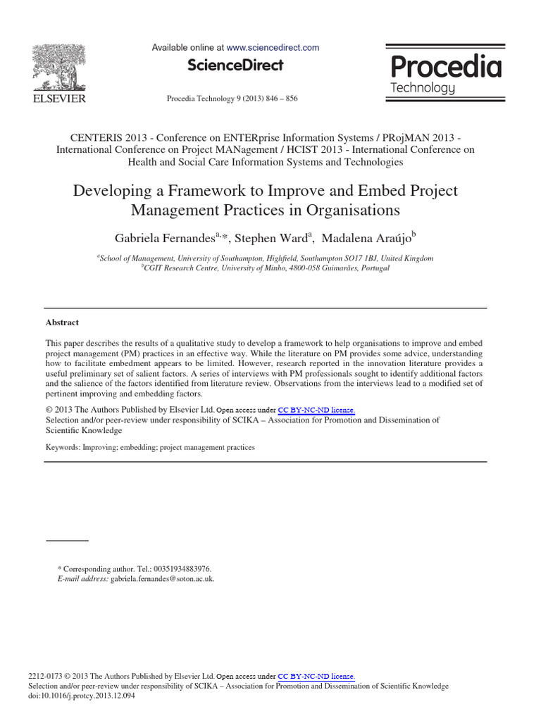 Developing a Framework to Improve and Embed Project Manage 2013 Procedia Tec | PDF | Innovation ...