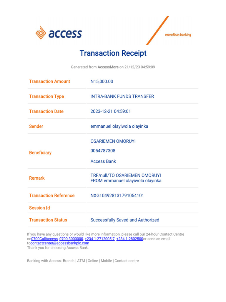 Access Bank Transaction Receipt Details | PDF