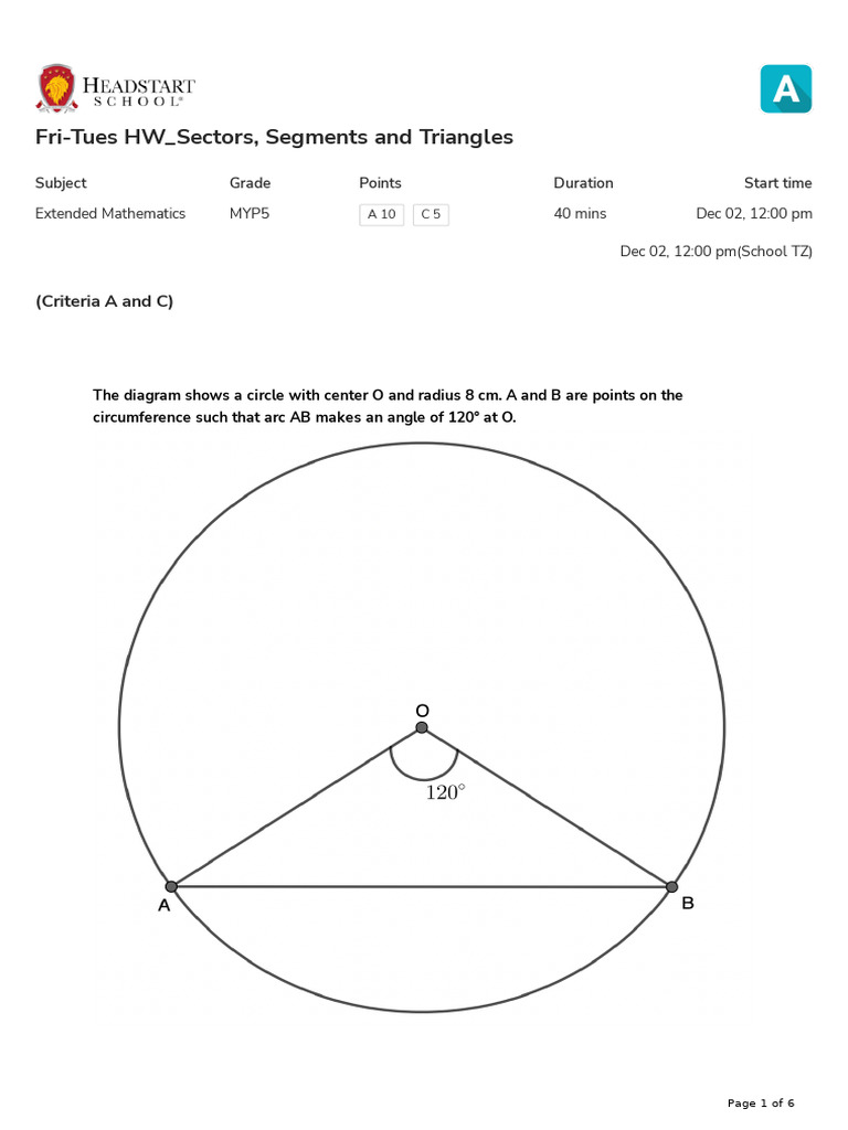 Fri-Tues HW - Sectors, Segments and Triangles (6D6JHG) (With Markscheme ...