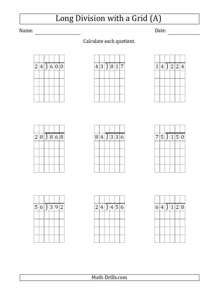 Division Long Grid 2digit Divisor 3digit Dividend No Remainders 001qp ...