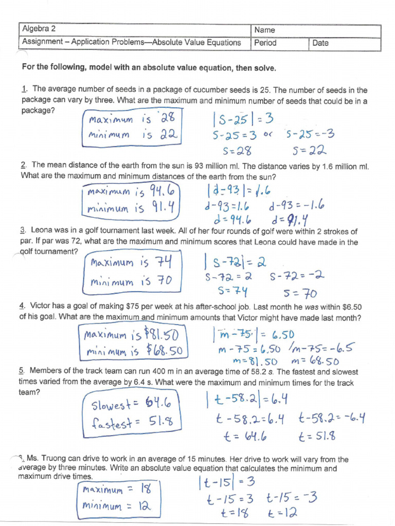 Absolute Value Application Problems | PDF