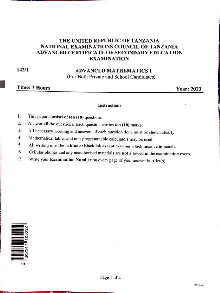 Guide Proposed Solutions. Necta Adv. Math 1-2023 | PDF