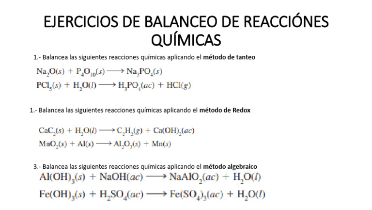Ejercicios de Balanceo de Reacciónes Químicas | PDF