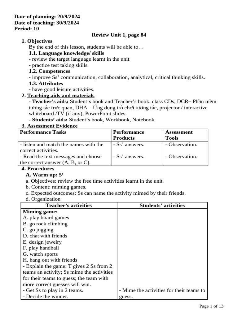 Lesson Plan: Reviewing Leisure Activities | PDF | Vocabulary | English ...