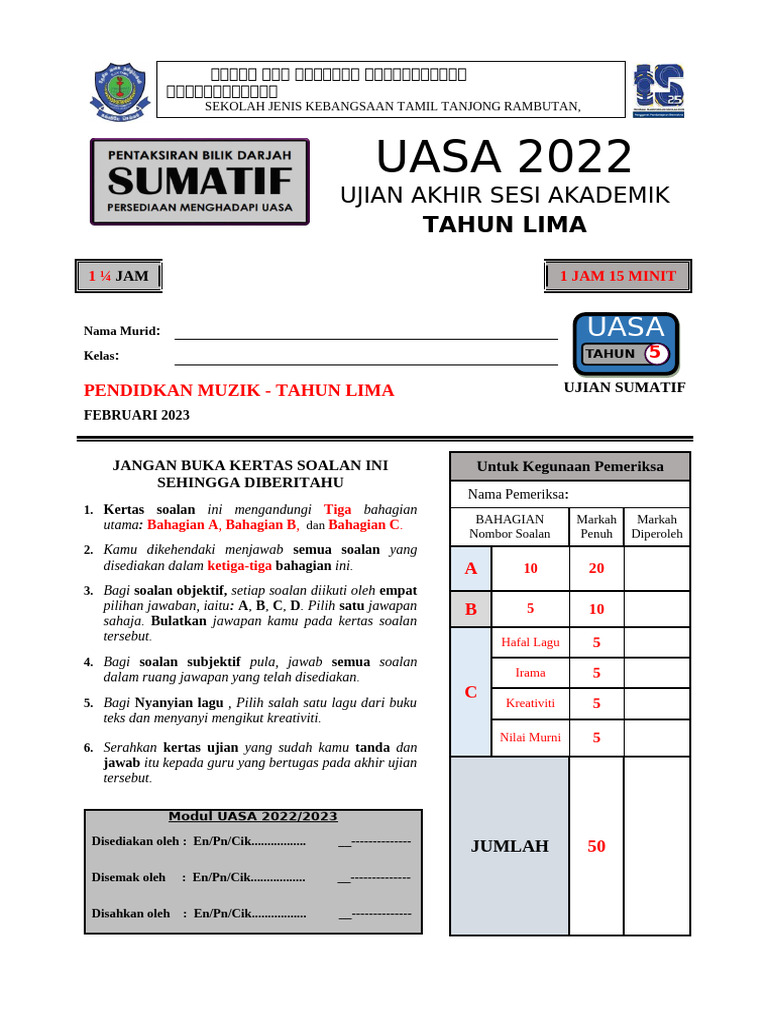 MUKA DEPAN UASA MUZIK TAHUN 5 | PDF
