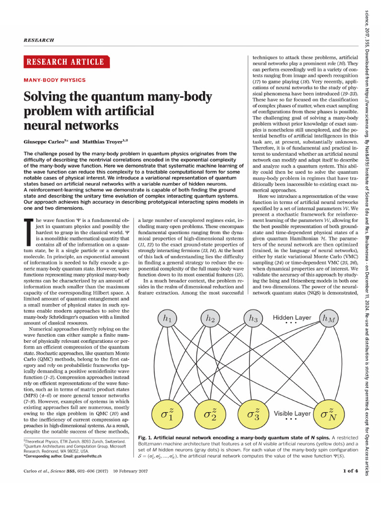 Solving The Quantum Many-Body Problem With Artificial Neural Networks | PDF