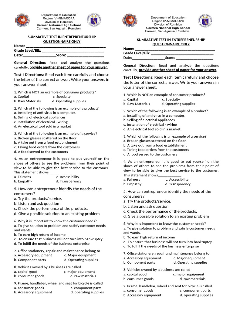 Entrepreneurship Summative Test Questionnaire | PDF | Goods | Customer