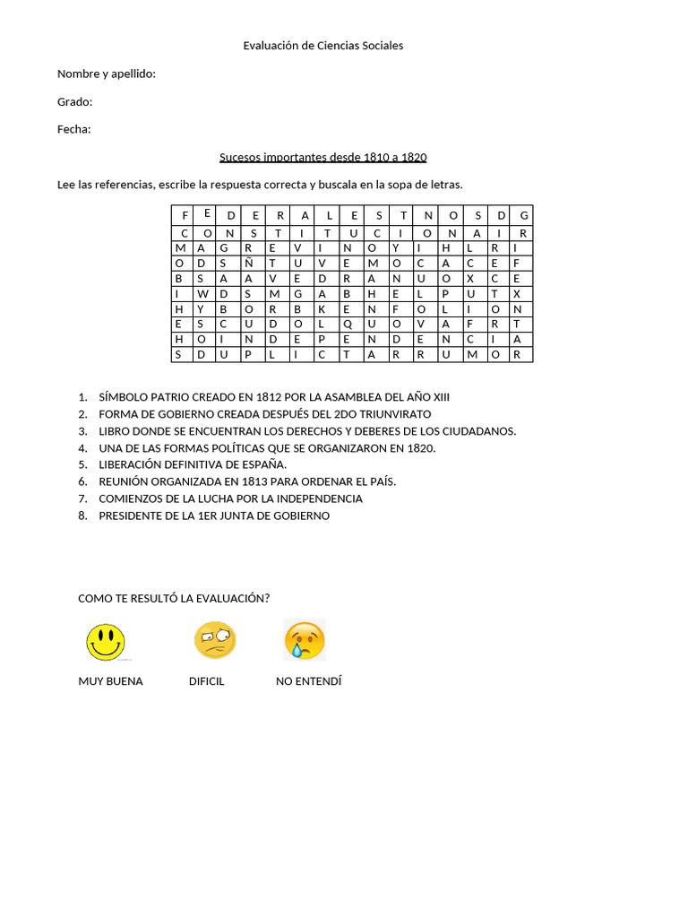 Evaluación de Historia 1810-1820 | PDF
