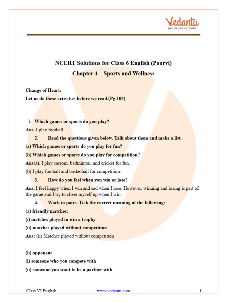 NCERT Solutions For Class 6 English Poorvi Chapter 4 Sports and ...