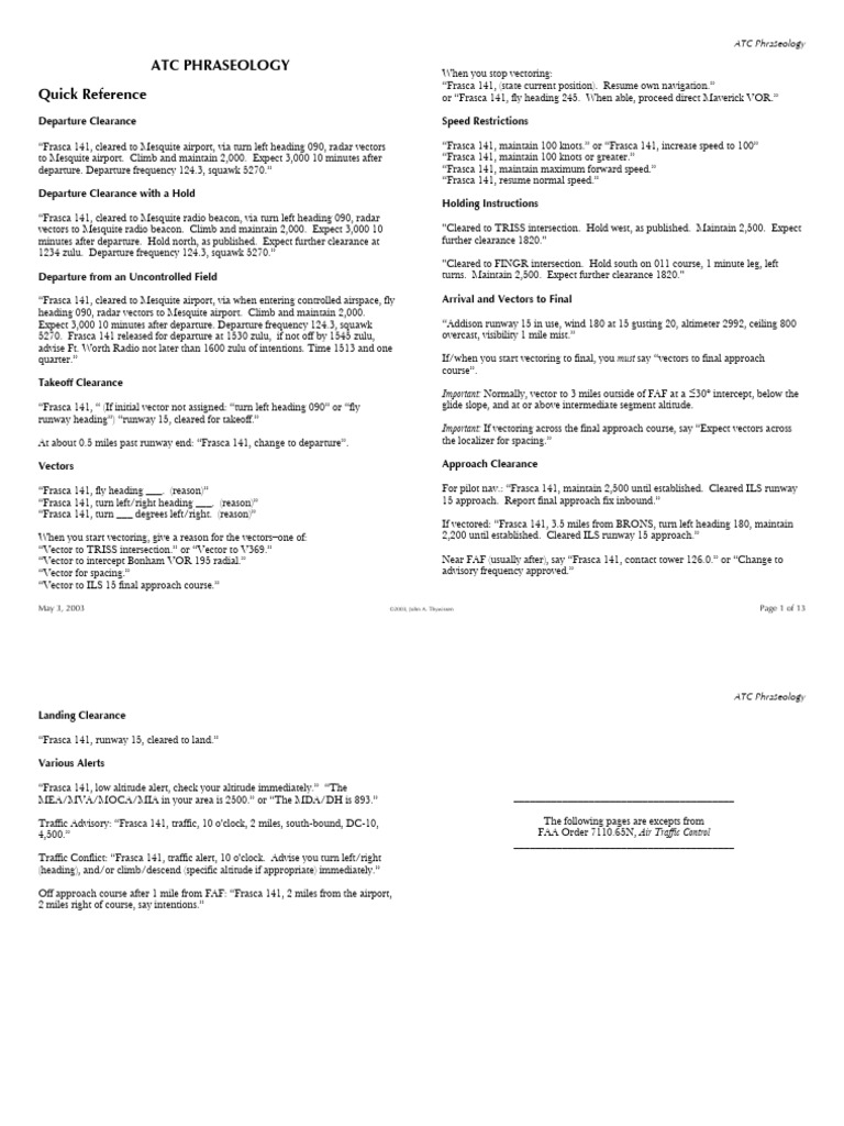 ATC Phraseology Quick Reference Guide | PDF | Air Traffic Control ...