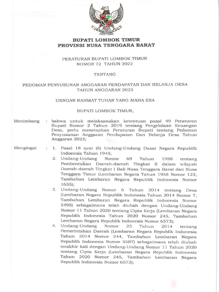 Perbup No 72 Tahun 2022 TTG Pedoman Penyusunan Apbdesa Ta 2023 | PDF