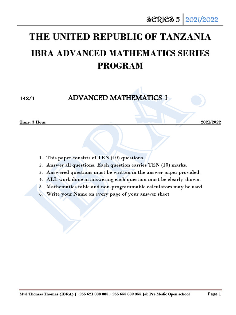 Adv Math 1-S 05-2021-2022-IBRA. | PDF | Mathematics
