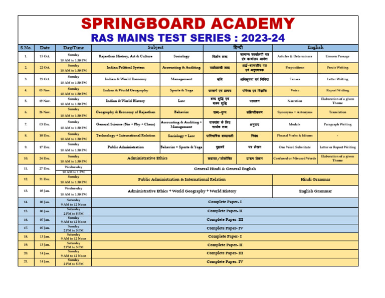 RAS Mains Test Series Schedule 2023-24 | PDF | Linguistic Typology ...