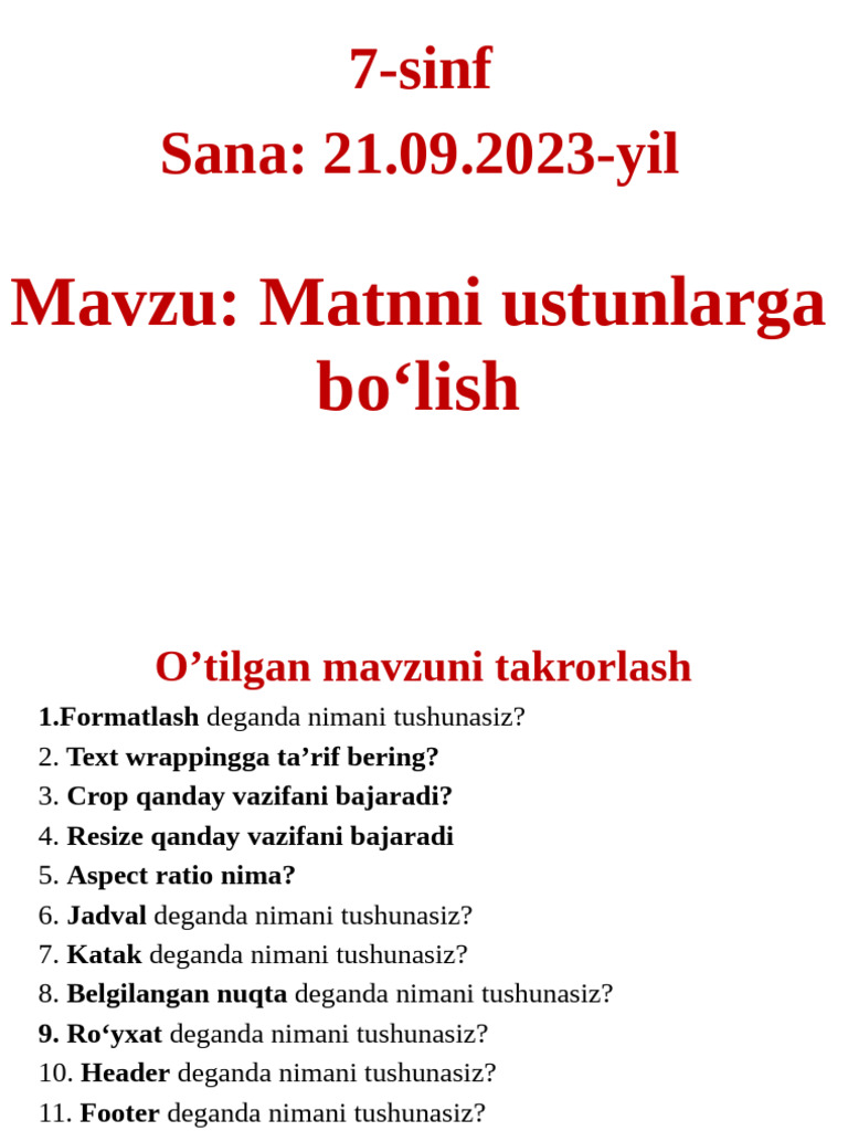 7 Sinf 6 Mavzu Matnni Ustunlarga Bo Lish | PDF