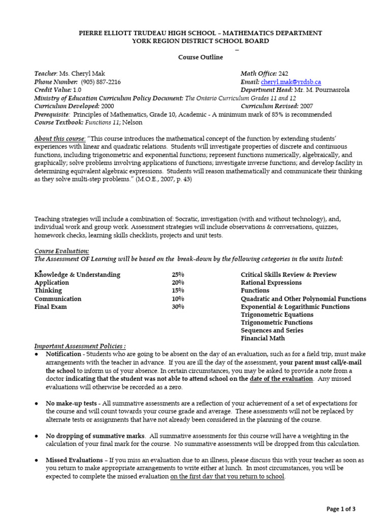 MCR3U Course Outline and Policies-Jan 2024 | PDF | Trigonometric ...