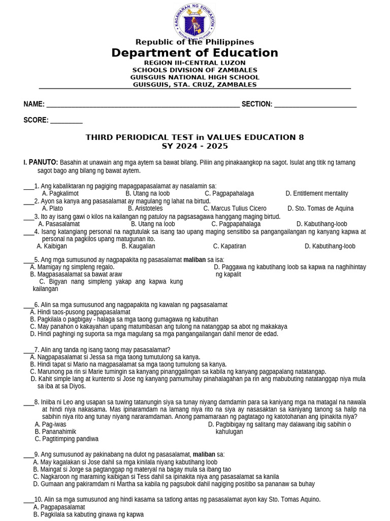 ESP 3rd Periodical Test 2024 2025 PRINT LONG | PDF