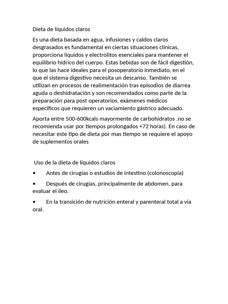Dieta de Líquidos Claros | PDF | Alimentos | Dieta