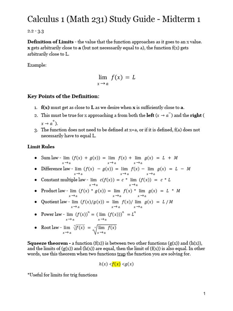 Calculus 1 (Math 231) Study Guide - Midterm 1 (2) (1) | PDF | Function ...