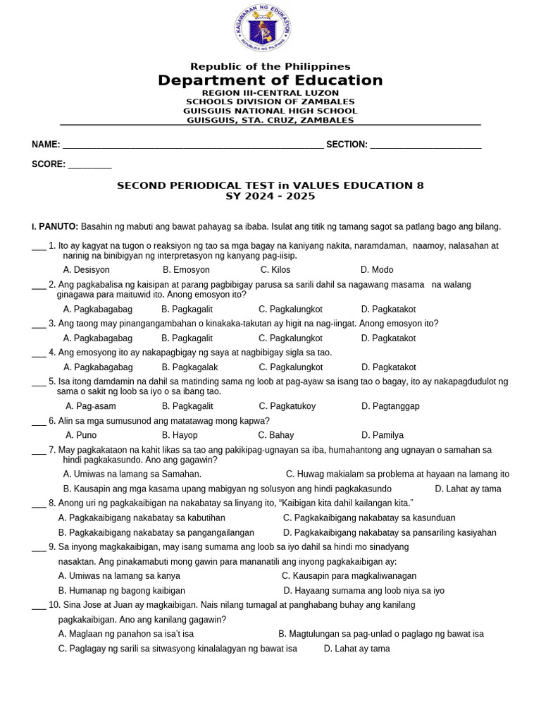 ESP 2nd Periodical Test 2024 2025 PRINT LONG | PDF