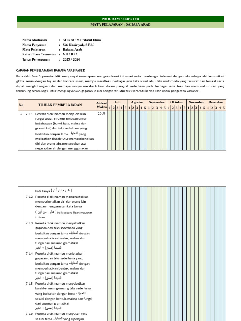 4. Prosem Bahasa Arab 7 2023-2024 | PDF