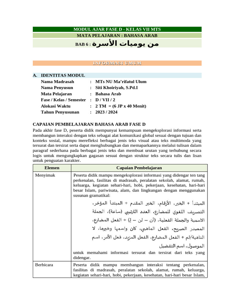 MODUL ARAB 7 BAB 6 (من يوميات الأسرة) | PDF