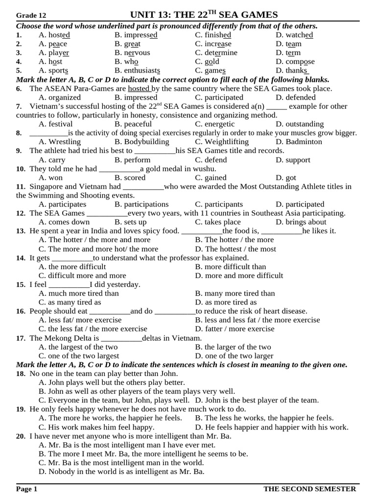 E12 BAI TAP THEO UNIT UNIT 13 | PDF | International Sports Competitions | Sports Festivals