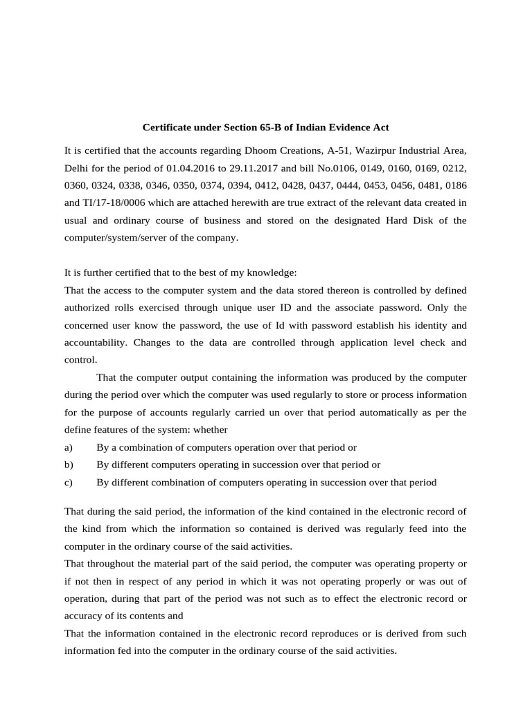 Section 65-B Certificate for Business Accounts | PDF | Password ...