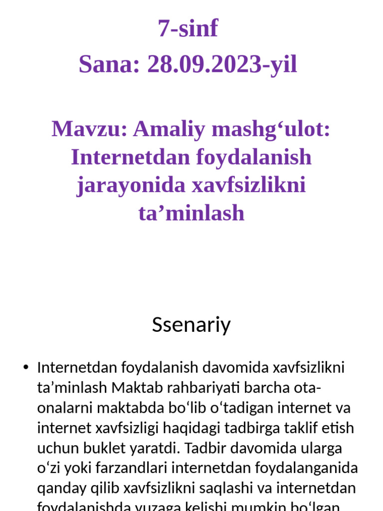 7 Sinf 8 Mavzu Amaliy Mashg‘Ulot Internetdan Foydalanish Jarayonida | PDF