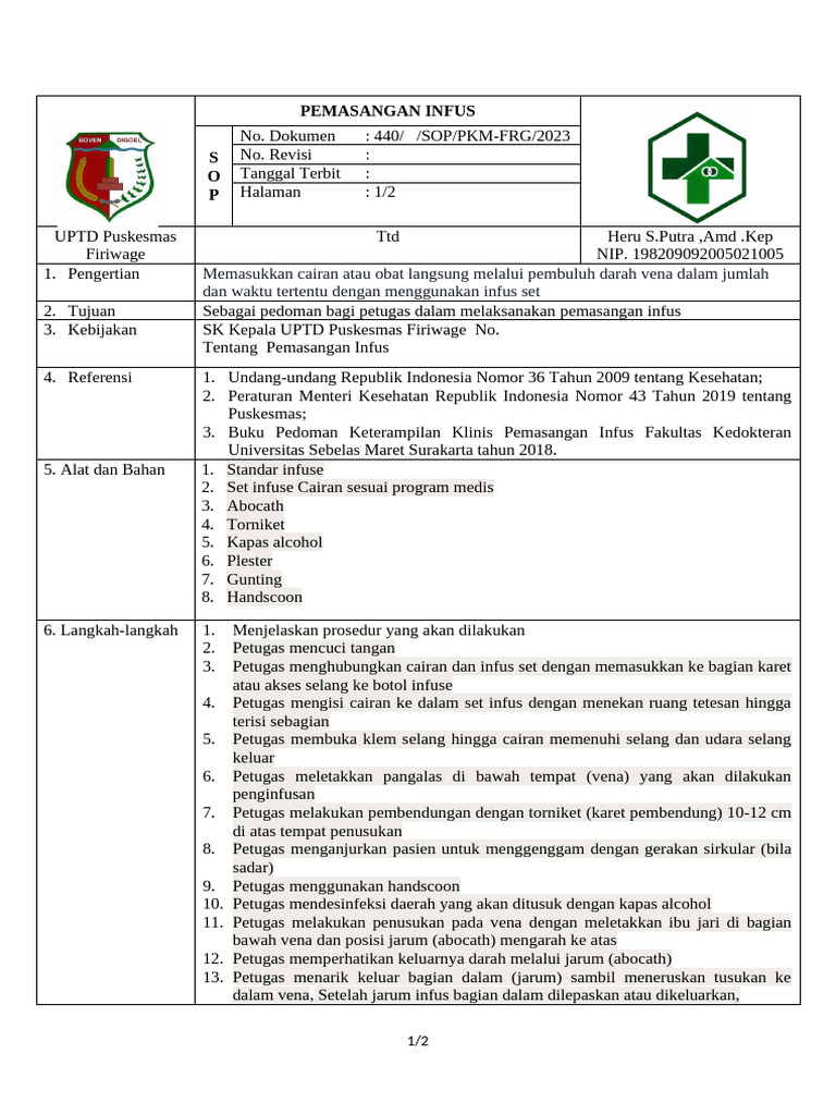 SOP Pemasangan Infus | PDF