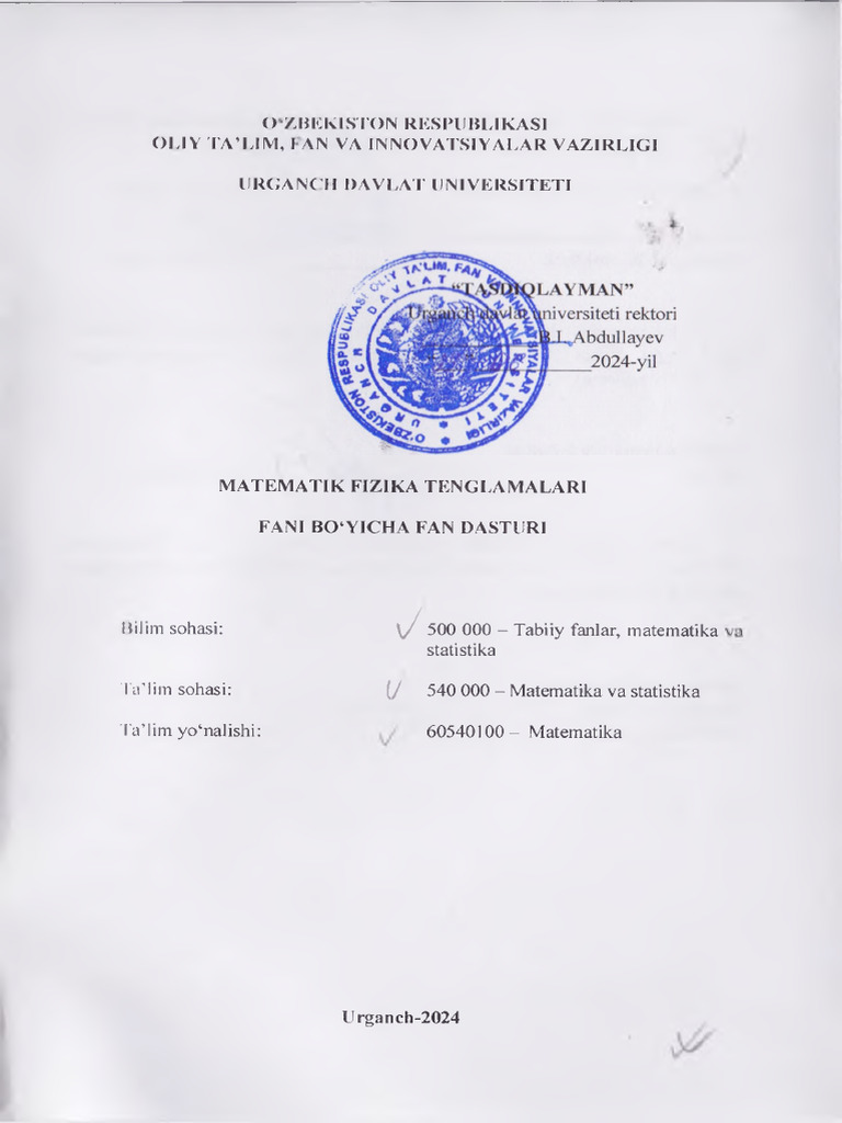 FD MFTB3010 Matfiz Tenglamalari (Matematika) 4-Kurs | PDF