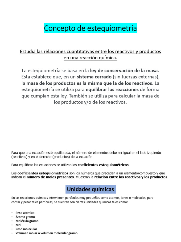 Concepto de estequiometría, unidades químicas y cálculos químicos | PDF | Mole (Unidad ...