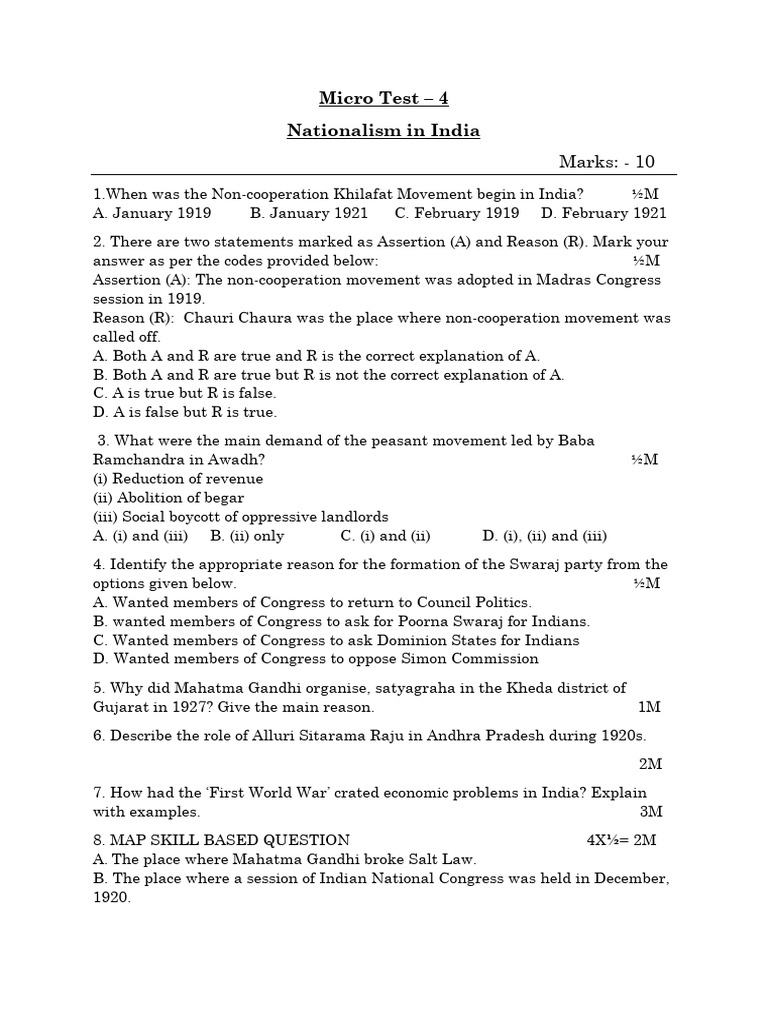 Micro Test on Nationalism in India | PDF