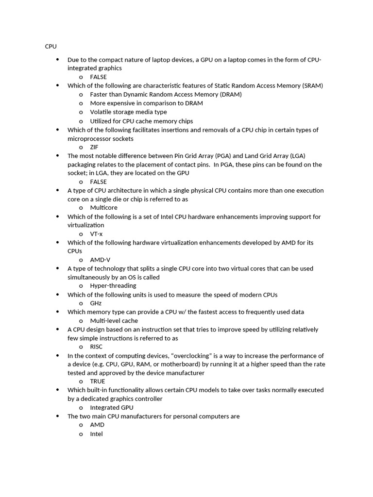 CPU Quiz | PDF | Central Processing Unit | Random Access Memory