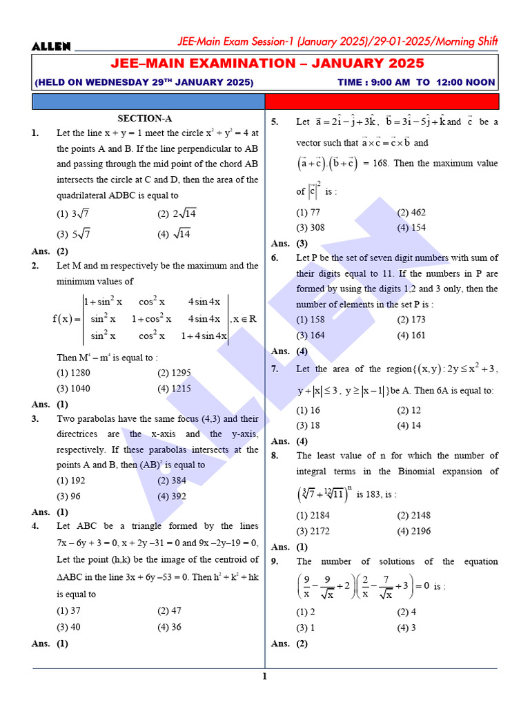 29 Jan Shift 1 Mathematics Ans | PDF | Perpendicular | Mathematics