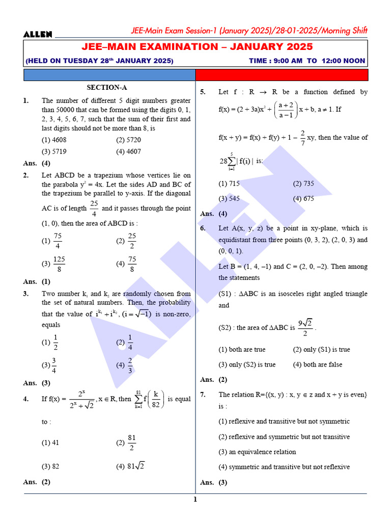 28-jan-shift-1-mathematics-ans | PDF | Triangle | Mathematics