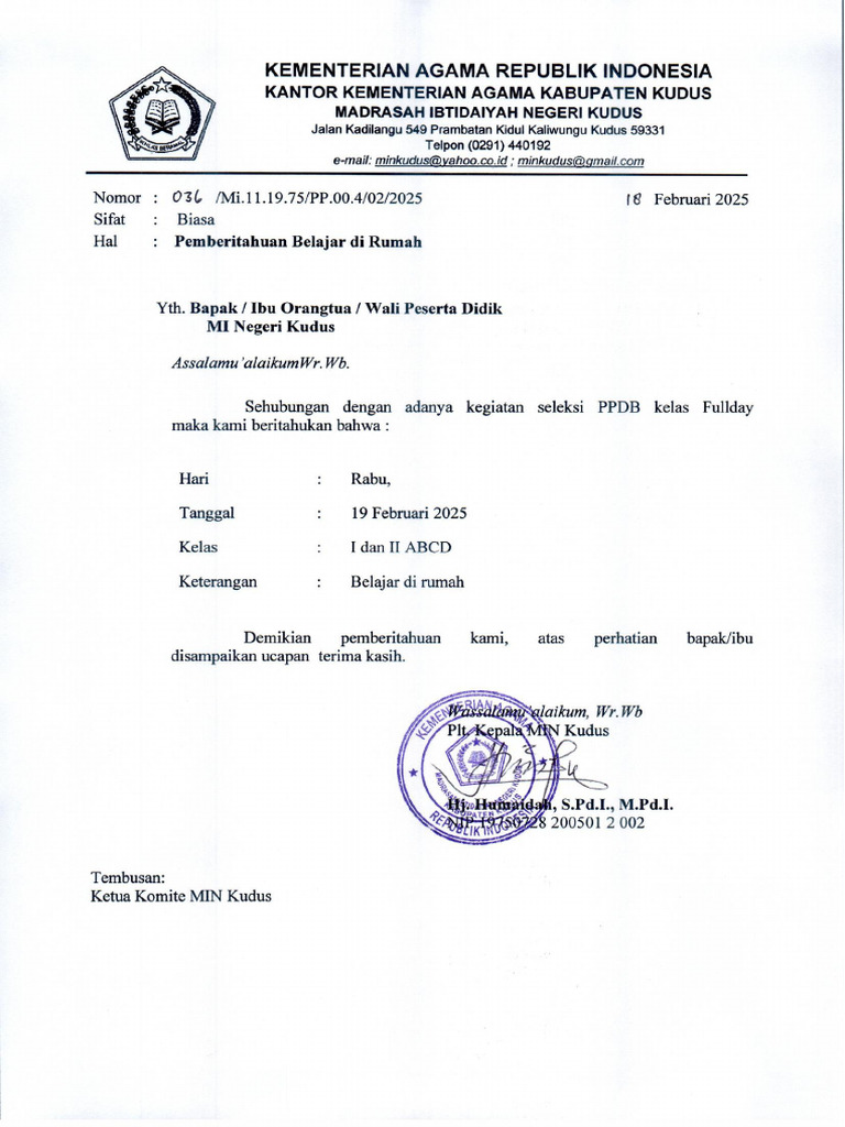 Pemberitahuan Belajar Di Rumah Kls 1 Dan 2 MIN Kudus | PDF