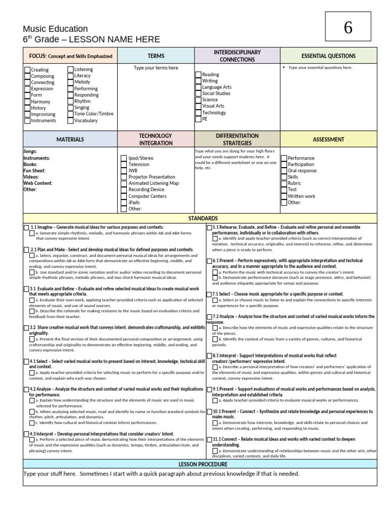 6th Grade Lesson Plan Template | PDF | Musicology