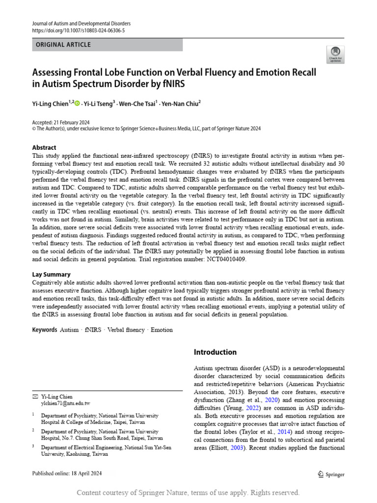 Assessing Frontal Lobe Function On Verbal Fluency | PDF | Autism ...