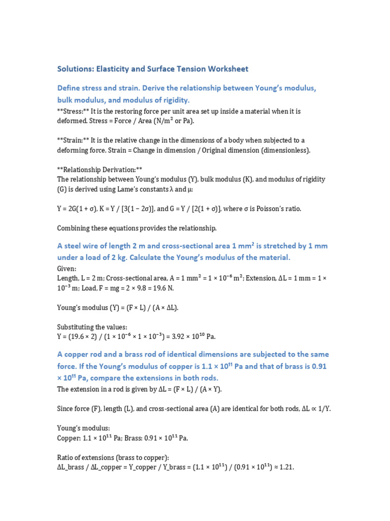 Elasticity Surface Tension Solutions | PDF | Young's Modulus | Deformation (Engineering)
