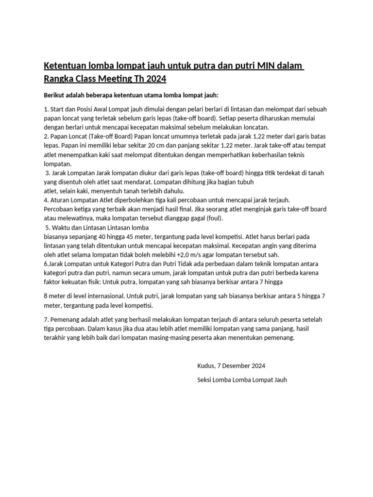 Ketentuan Lomba Lompat Jauh Untuk Putra Dan Putri MIN Kudus Dalam ...