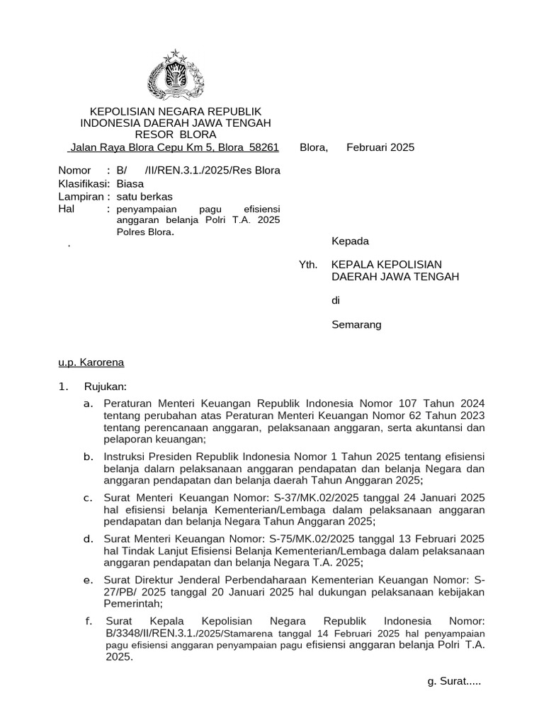 Surat Efisiensi Anggaran Res Blora Ta 2025 | PDF